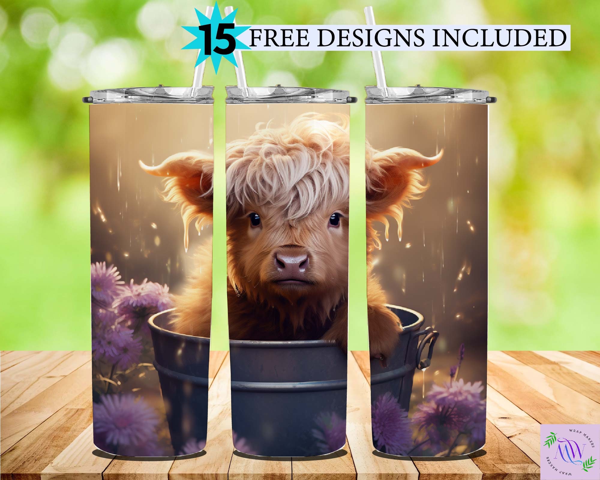 Baby Highland Cow in a Bucket 20 Oz Tumbler Wrap, Sublimation Design ...