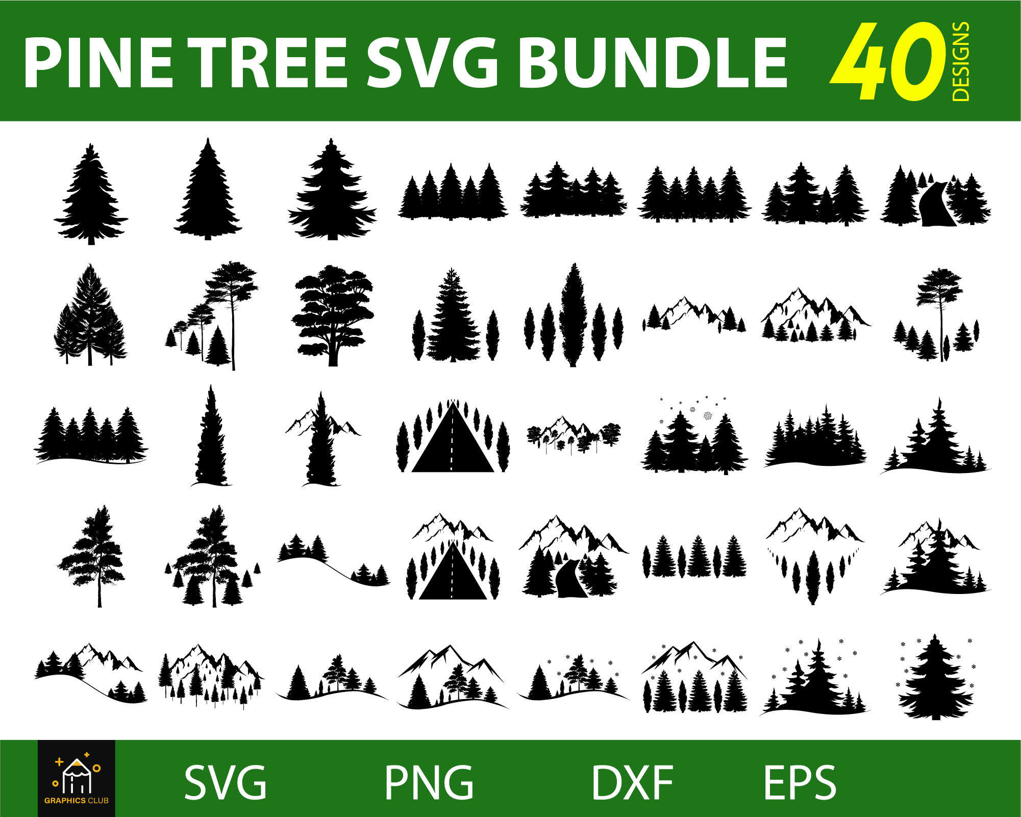 Pine Tree Silhouette SVG Bundle Pack, Mountain Forest SVG Bundle ...