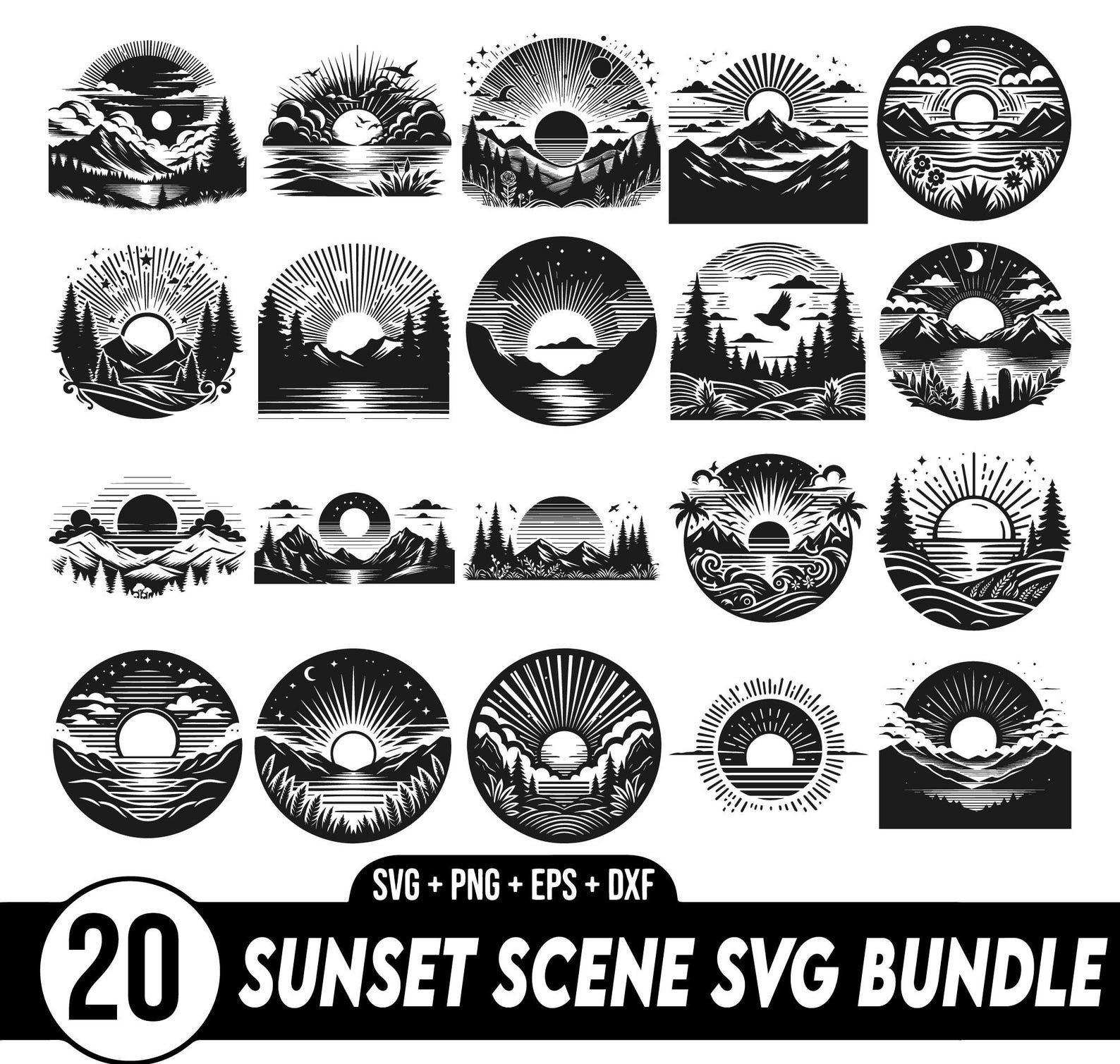 Sunrise Scene SVG Bundle, Sunrise Scene Dxf, Sunrise Scene Png, Sunrise ...
