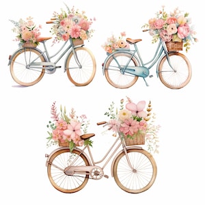 Bike With Flowers Clipart, Watercolor Floral Bicycle Clipart Bundle ...
