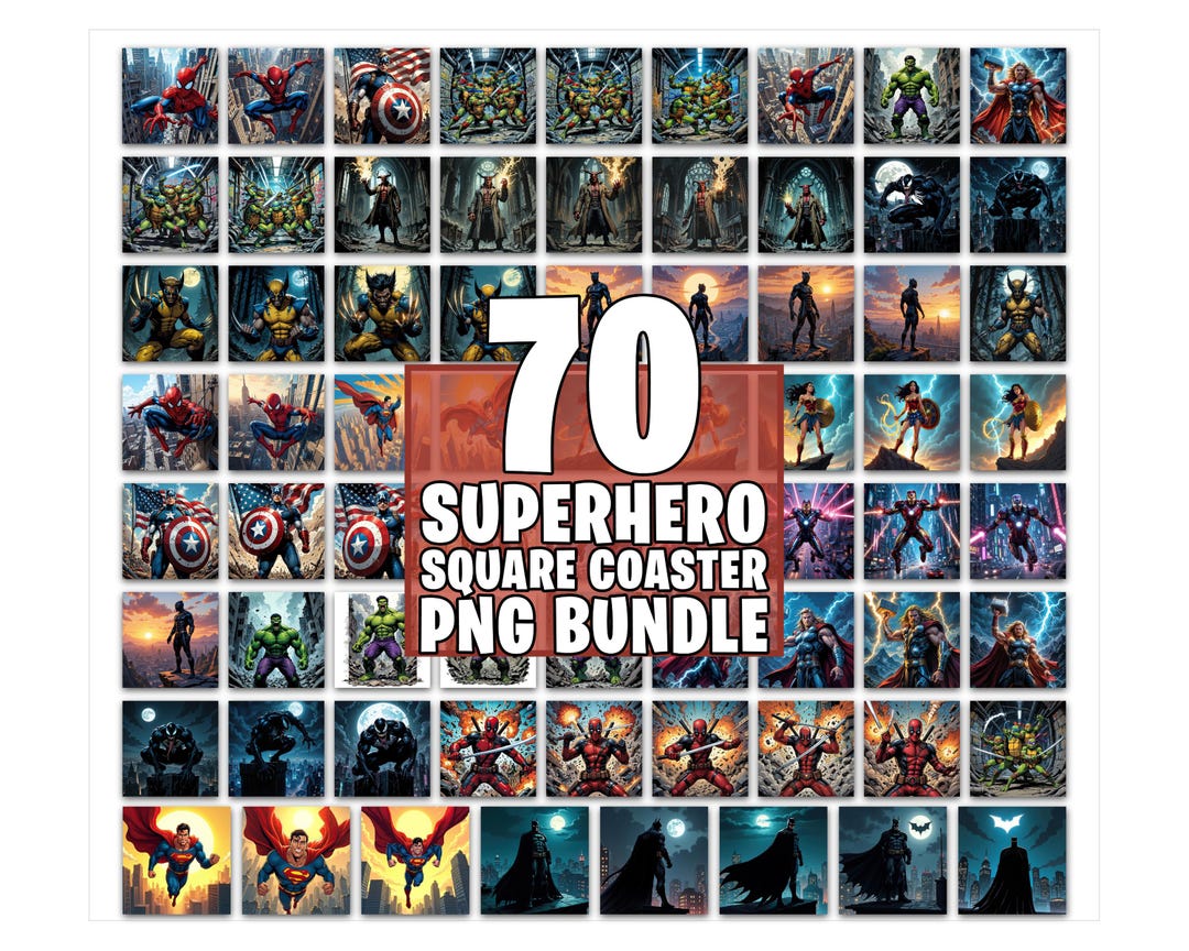 70 Superhero Square Coaster Bundle, Characters Coaster, Car Coasters ...