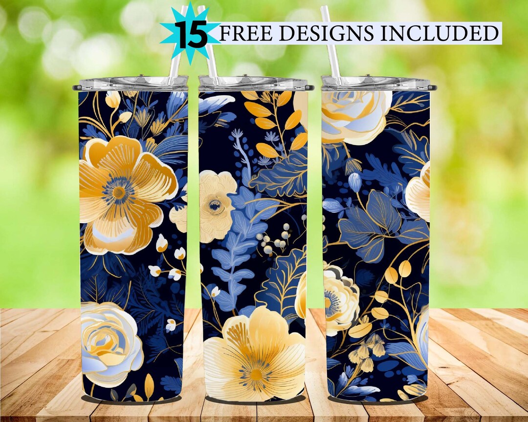 Navy Blue Gold Floral Sublimation 20oz Tumbler Seamless Sublimation ...