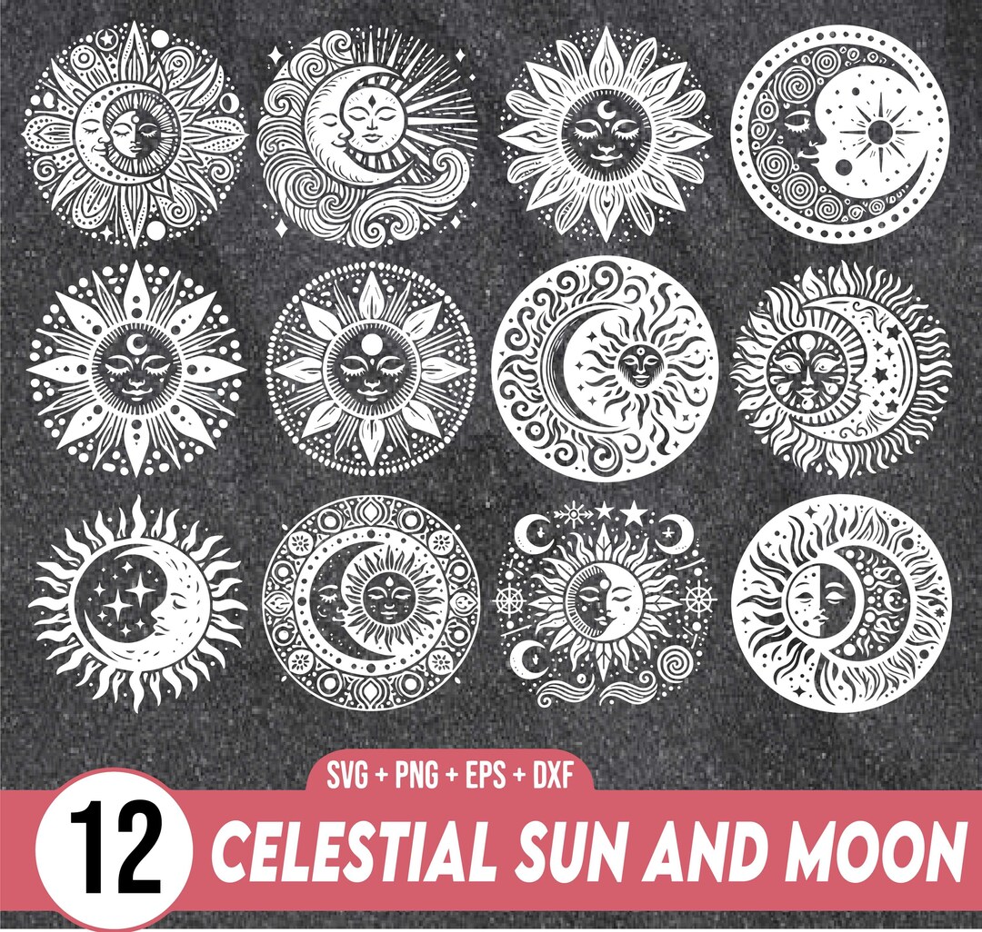 Celestial Sun and Moon Svg Bundle, Vintage Sun and Moon Png, Sun and ...