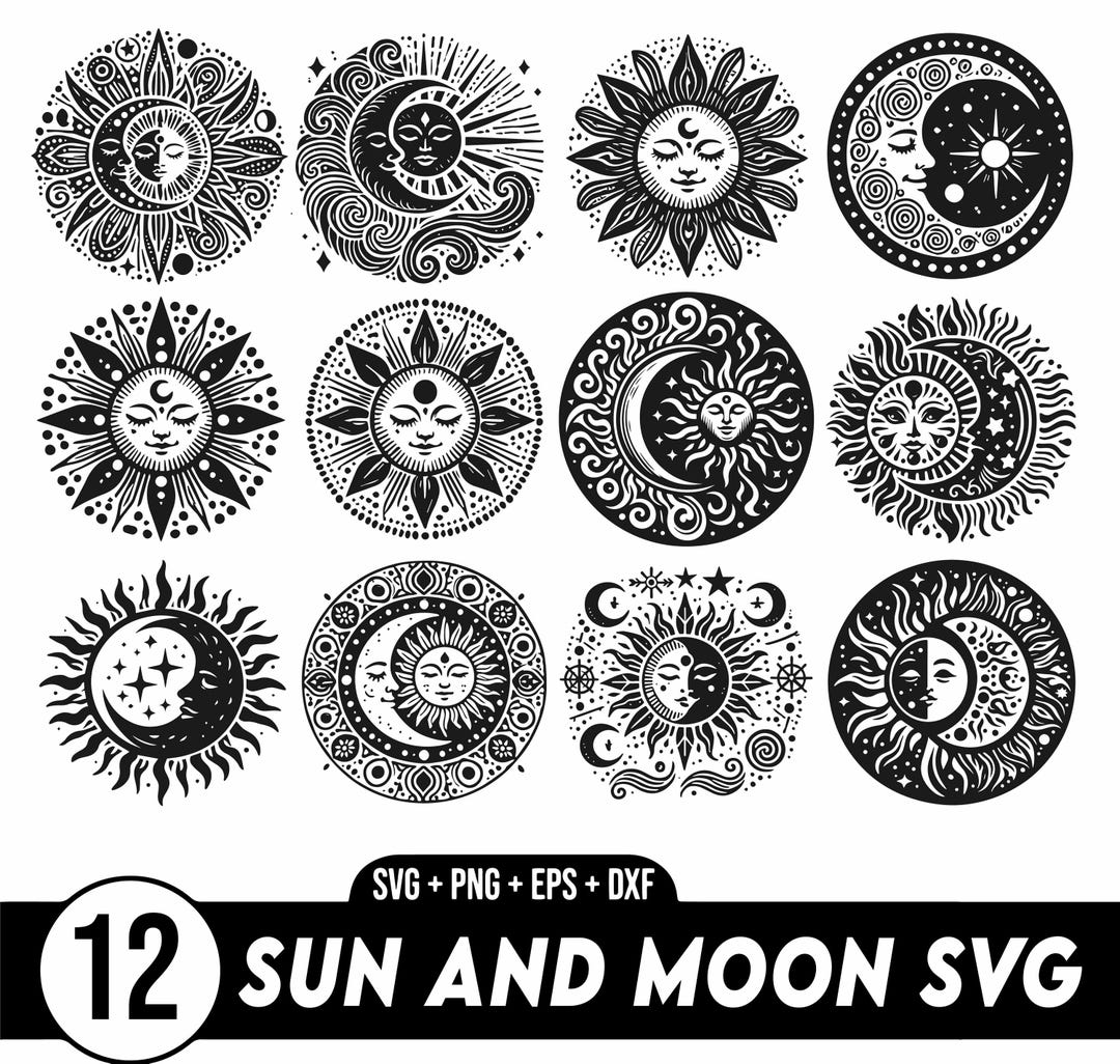 Celestial Sun and Moon Svg Bundle, Vintage Sun and Moon Png, Sun and ...