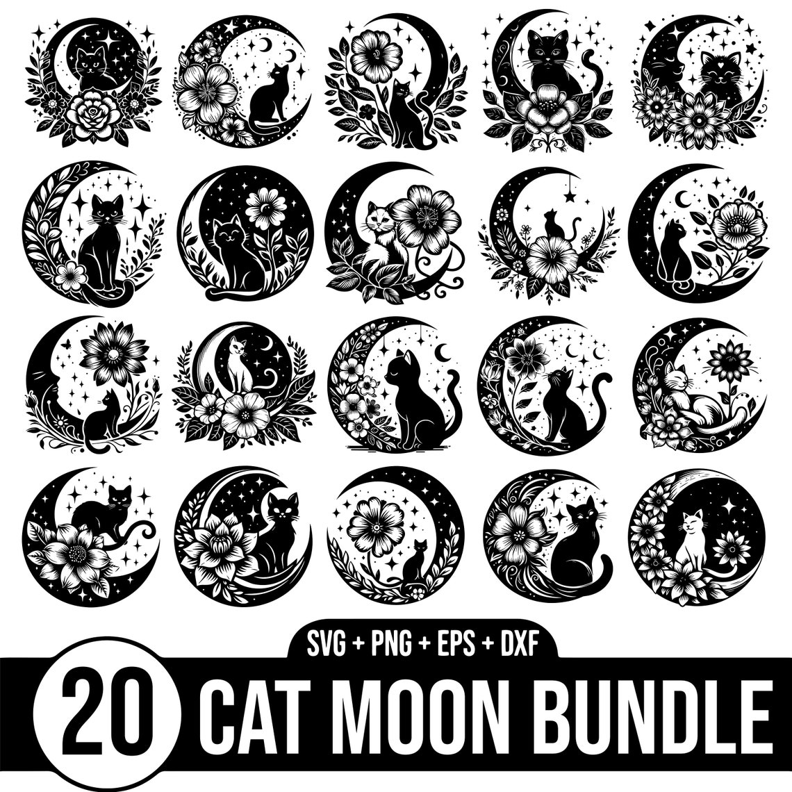 Cat and Moon Phases SVG Bundle, Cat Silhouette Svg, Cat Moon Svg, Cat ...