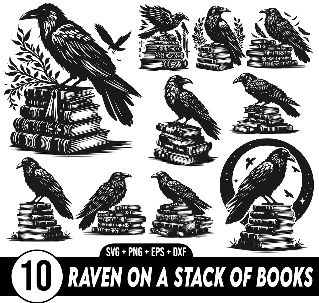 Raven on A Stack of Books SVG Bundle, Raven on Books SVG, Raven With ...