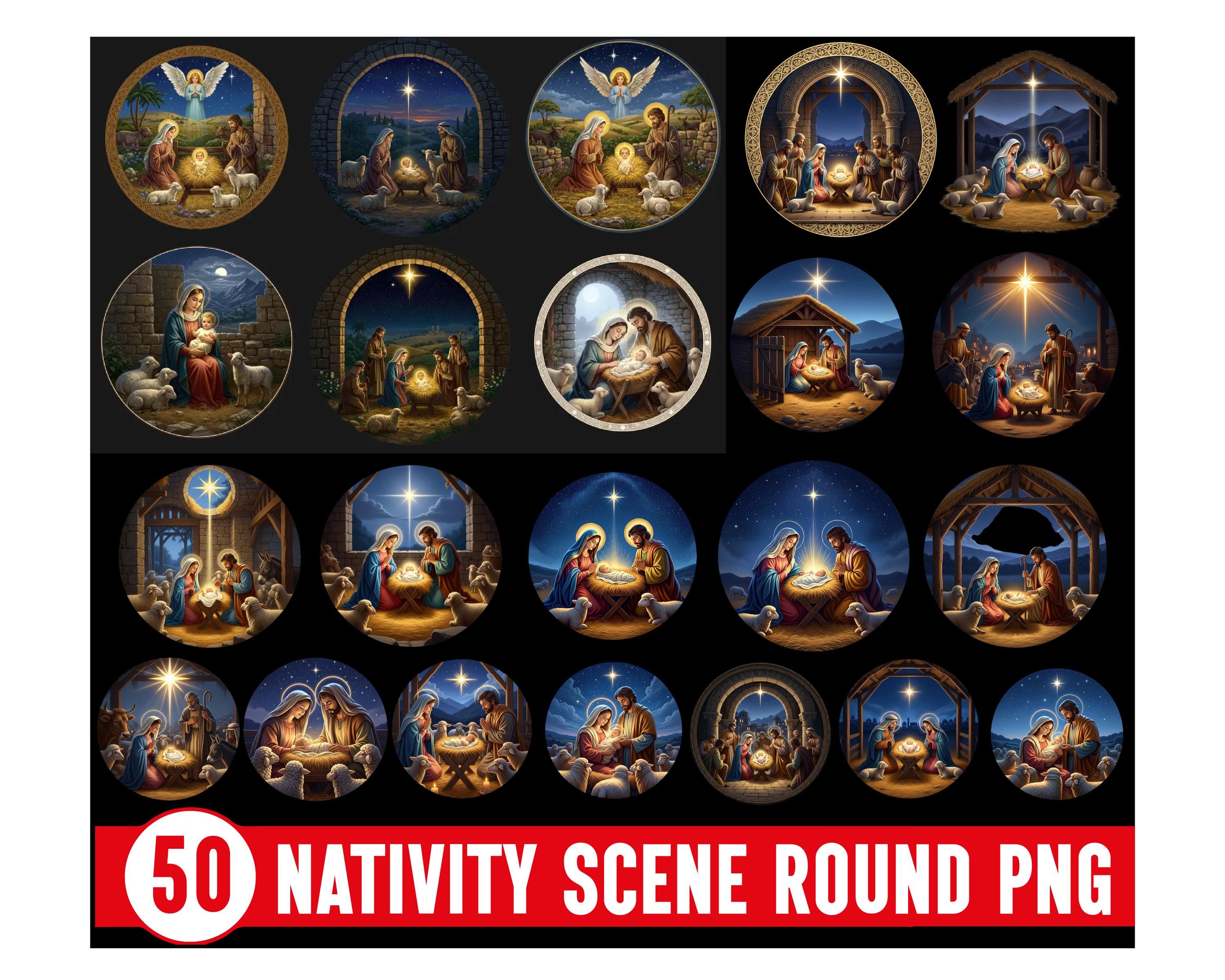 50 Nativity Scene Round Cliparts, Instant Round Ornaments PNG ...