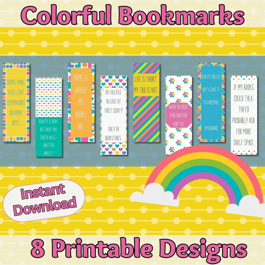 8 Colorful Printable Bookmarks Digital Bookmarks Instant - Etsy