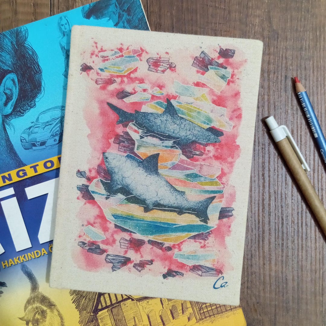 Sharks İllustrated Draw A5 14x21 Cm UV Print Canvas Notebook Journal ...