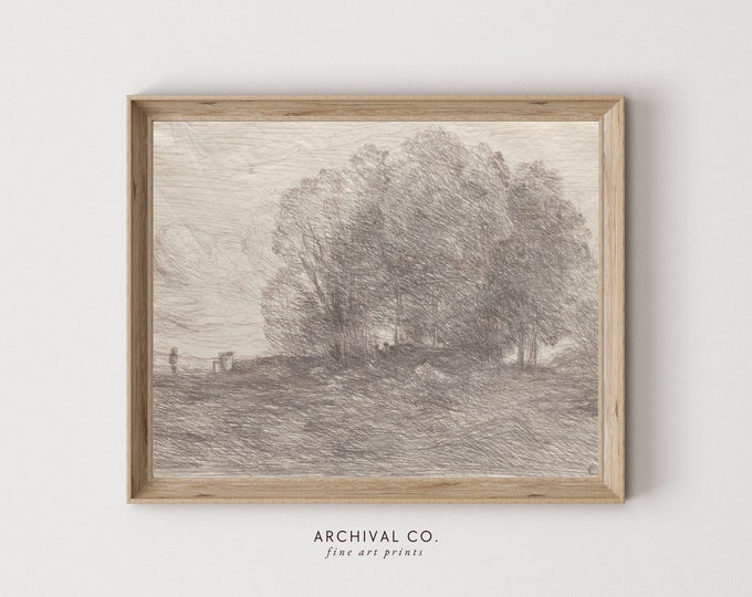 Hilltop Trees Art Print | Vintage Landscape Sketch | Digital Download ...