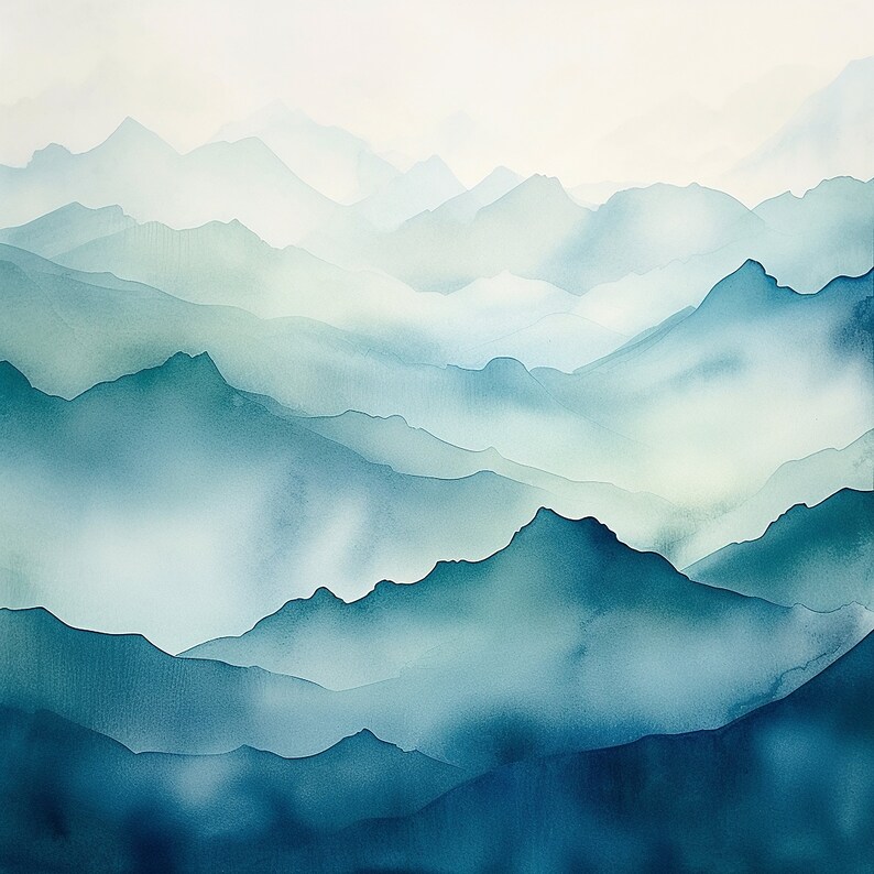 Blue Watercolor Mountain Range - Etsy