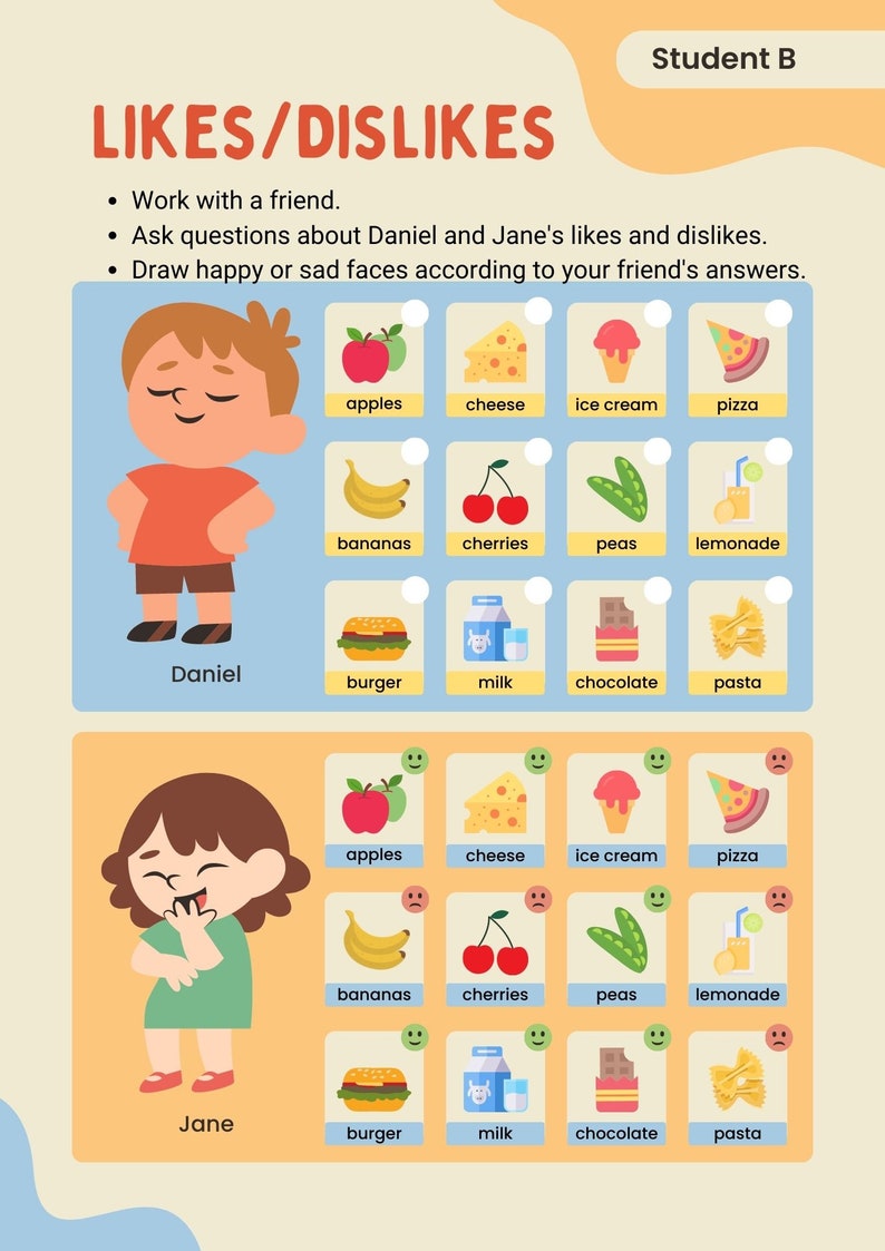 Colorful Illustrative Likes and Dislikes Information Gap English ...