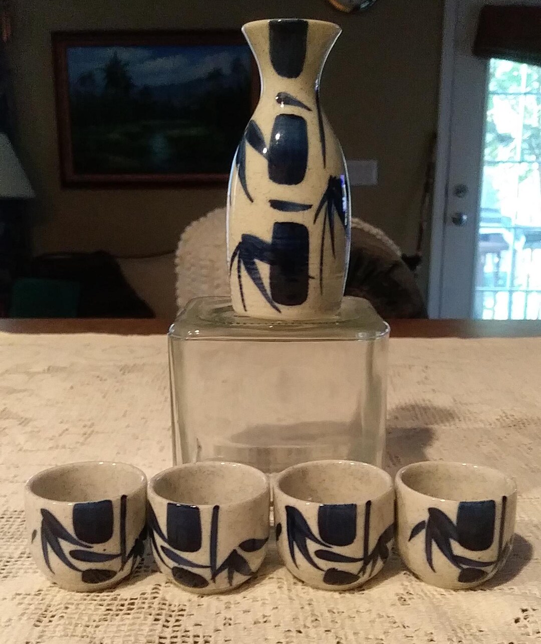 White and Blue Bamboo Japanese Ceramic Sake Bottle and 4 Cups - Etsy