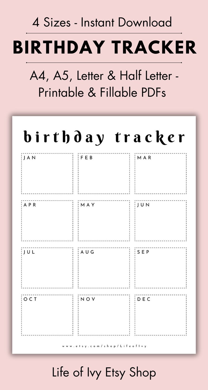 Birthday Tracker Printable Birthday List Fillable Birthday Calendar for ...