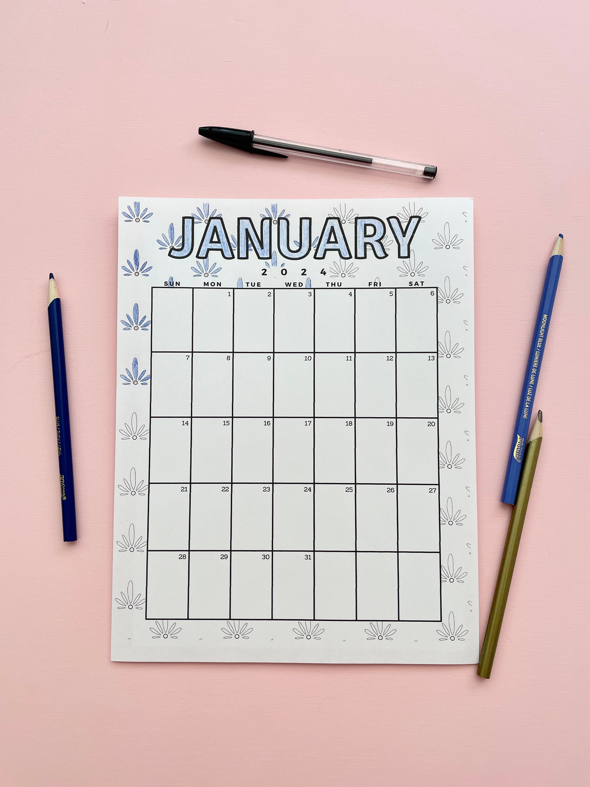 Floral Coloring Page Calendar 2024 Printable Coloring Calendar Digital ...