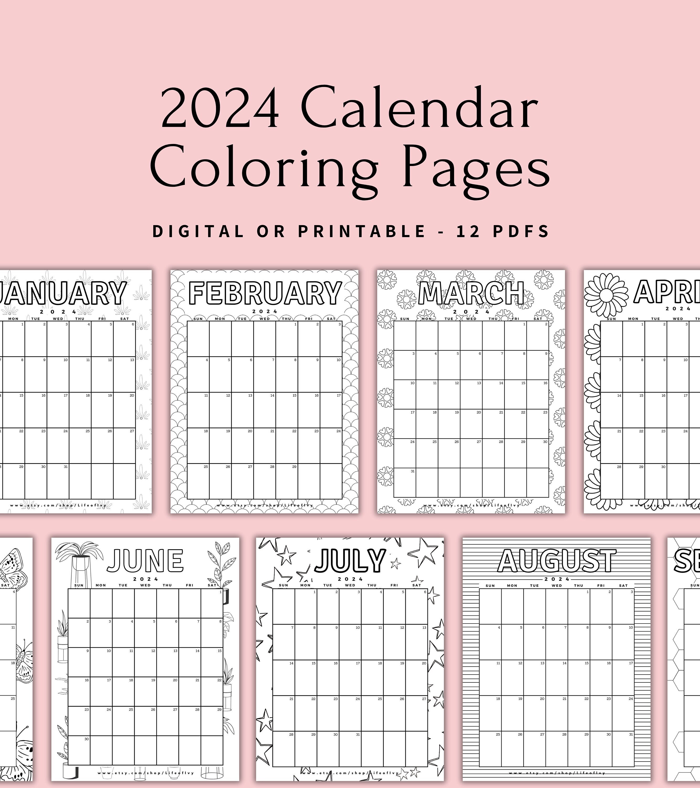 Floral Coloring Page Calendar 2024 Printable Coloring Calendar Digital ...