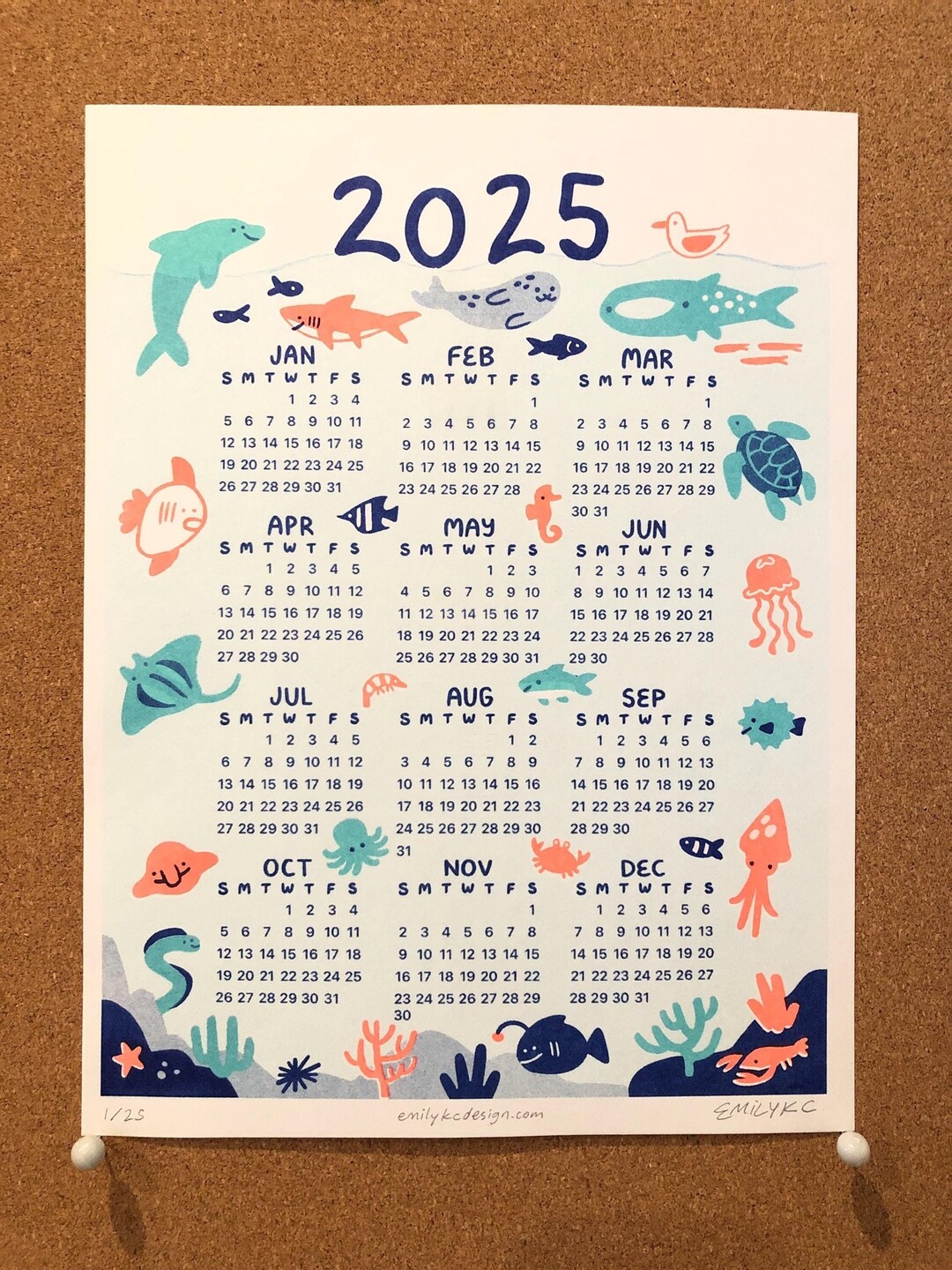 2025 Calendar - Ocean Animals Sea Creatures Risograph Print - Etsy