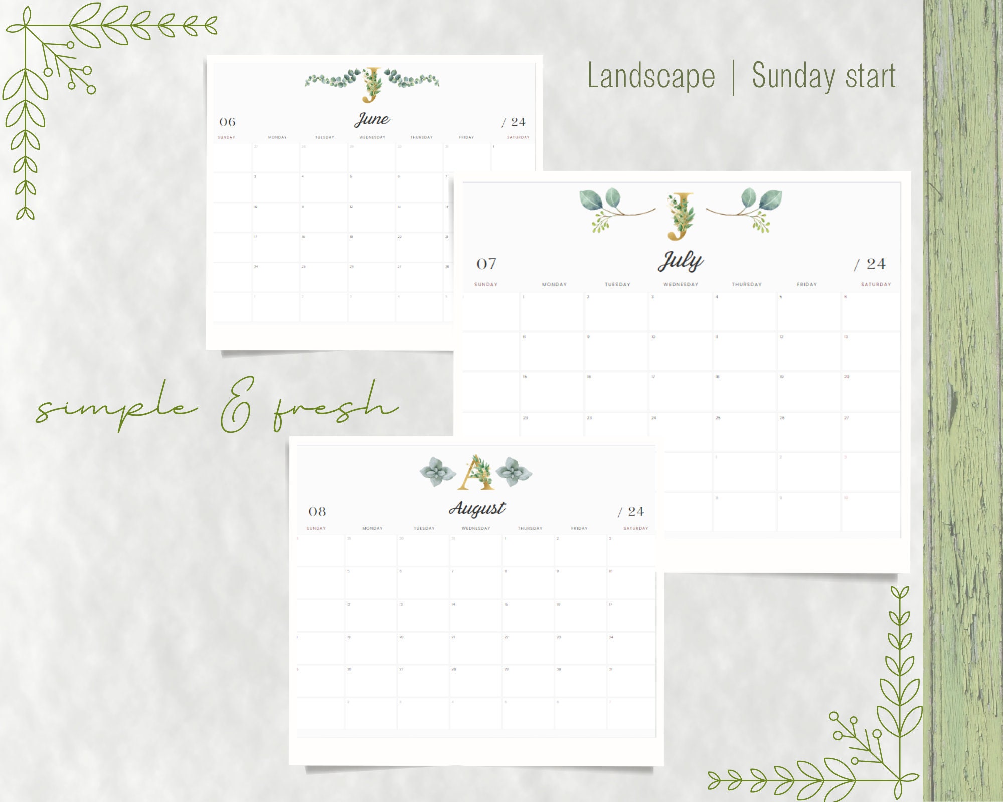 2024 Calendar Printable & Editable Sunday Start Eucalyptus Simple ...