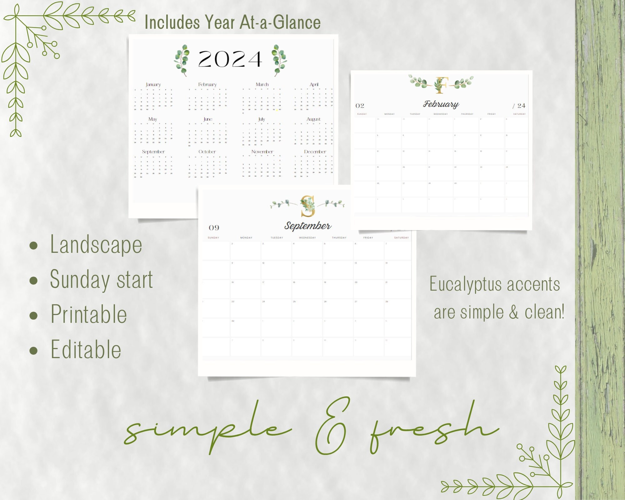 2024 Calendar Printable & Editable Sunday Start Eucalyptus Simple ...