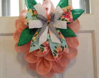 Sweet as a Peach Welcome Deco Mesh and Ribbon Door Wreath Aqua Blue ...