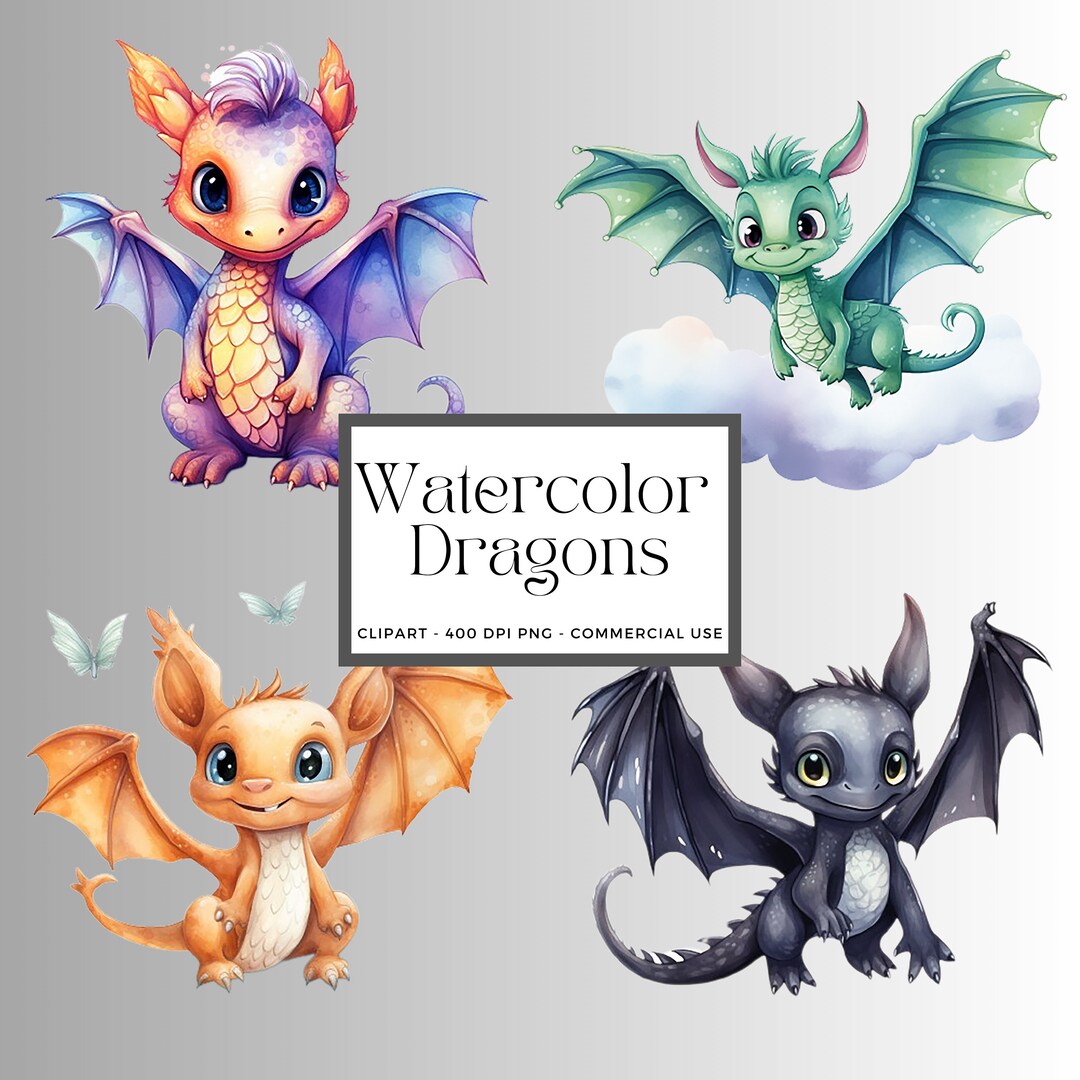 Watercolor Dragons Clipart - 20 Picture Bundle, 400 DPI, PNG Format ...