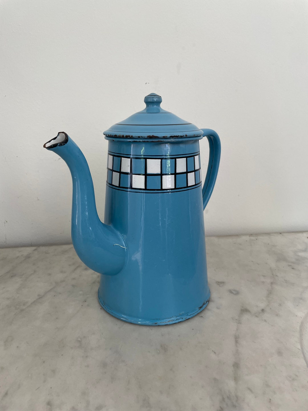 Vintage French Enamel Coffee Pot 1930's, Blue and White Check Rare - Etsy