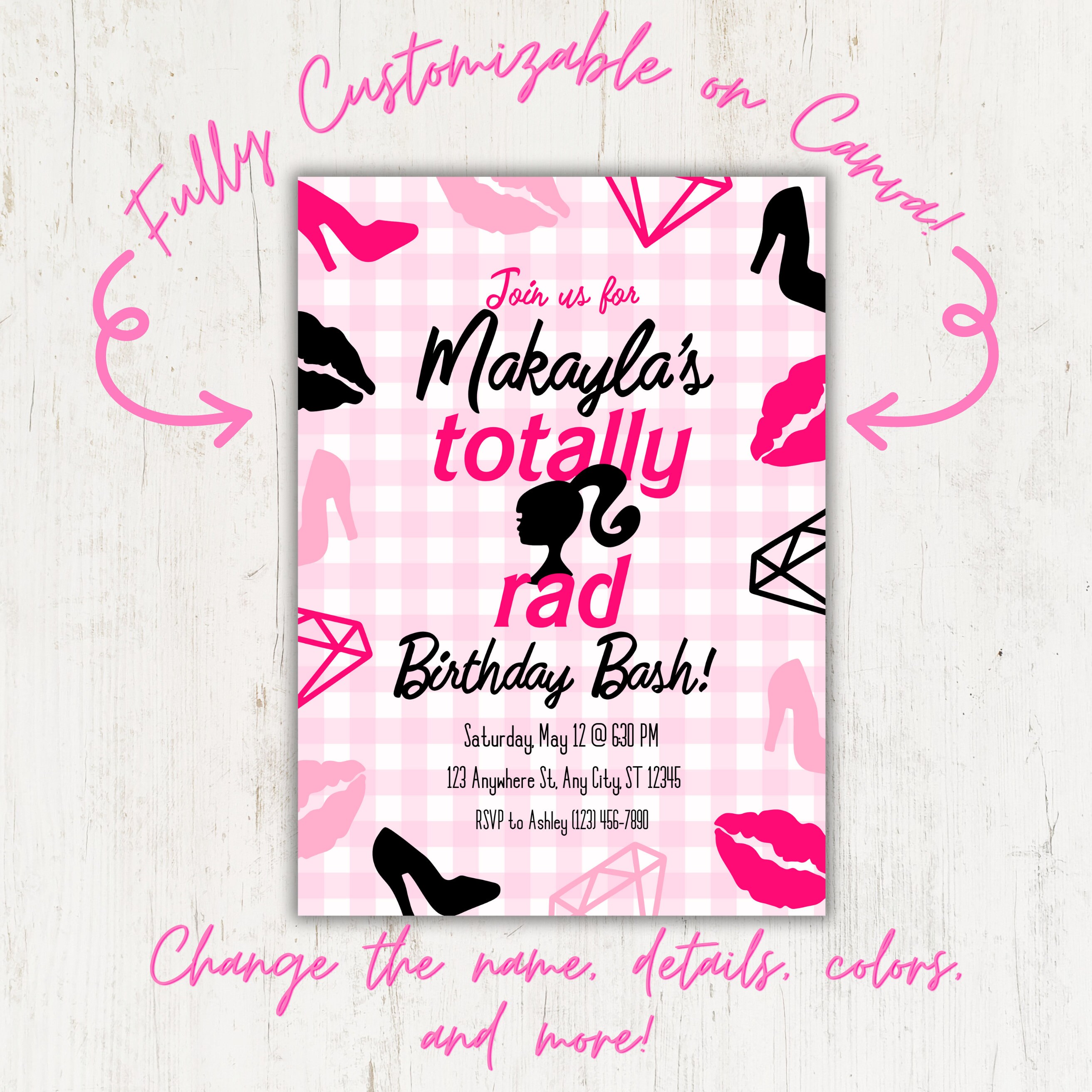 PINK PLAID Totally Rad Birthday Invitation, Girl Doll Bday Invite ...