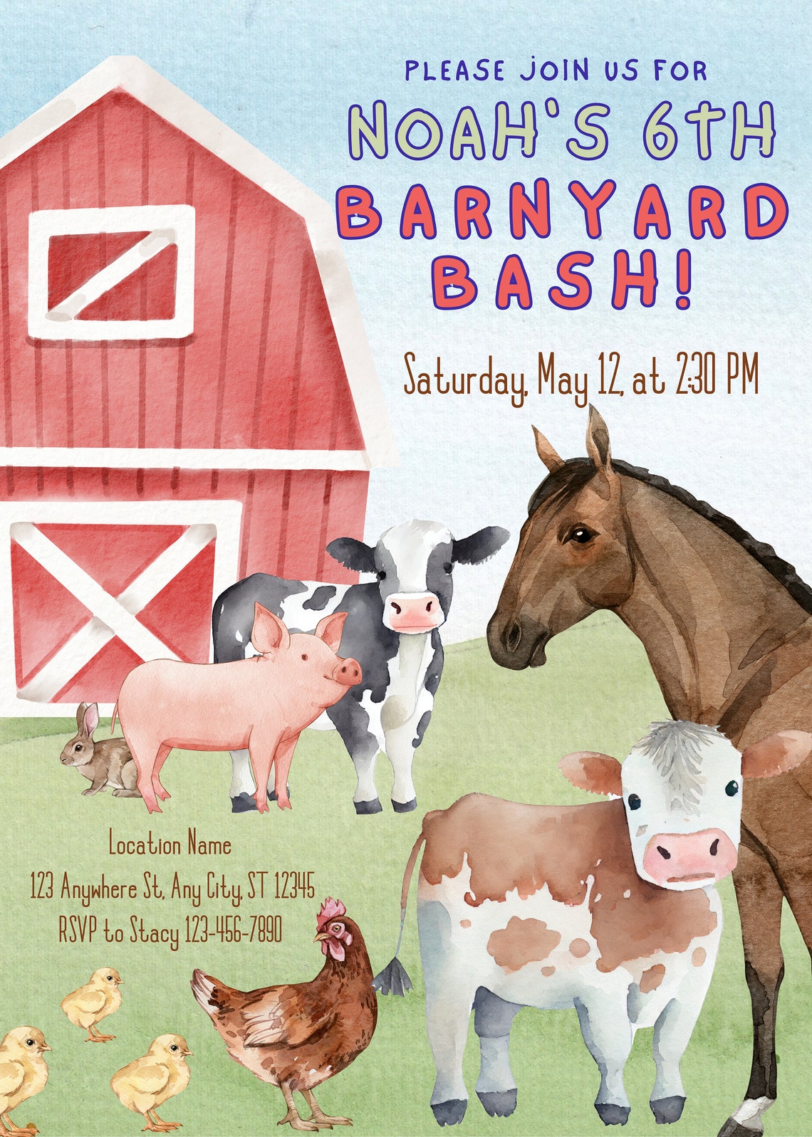 PORTRAIT BARNYARD BASH Birthday Invitation, Farm Animals Barn Outdoor ...