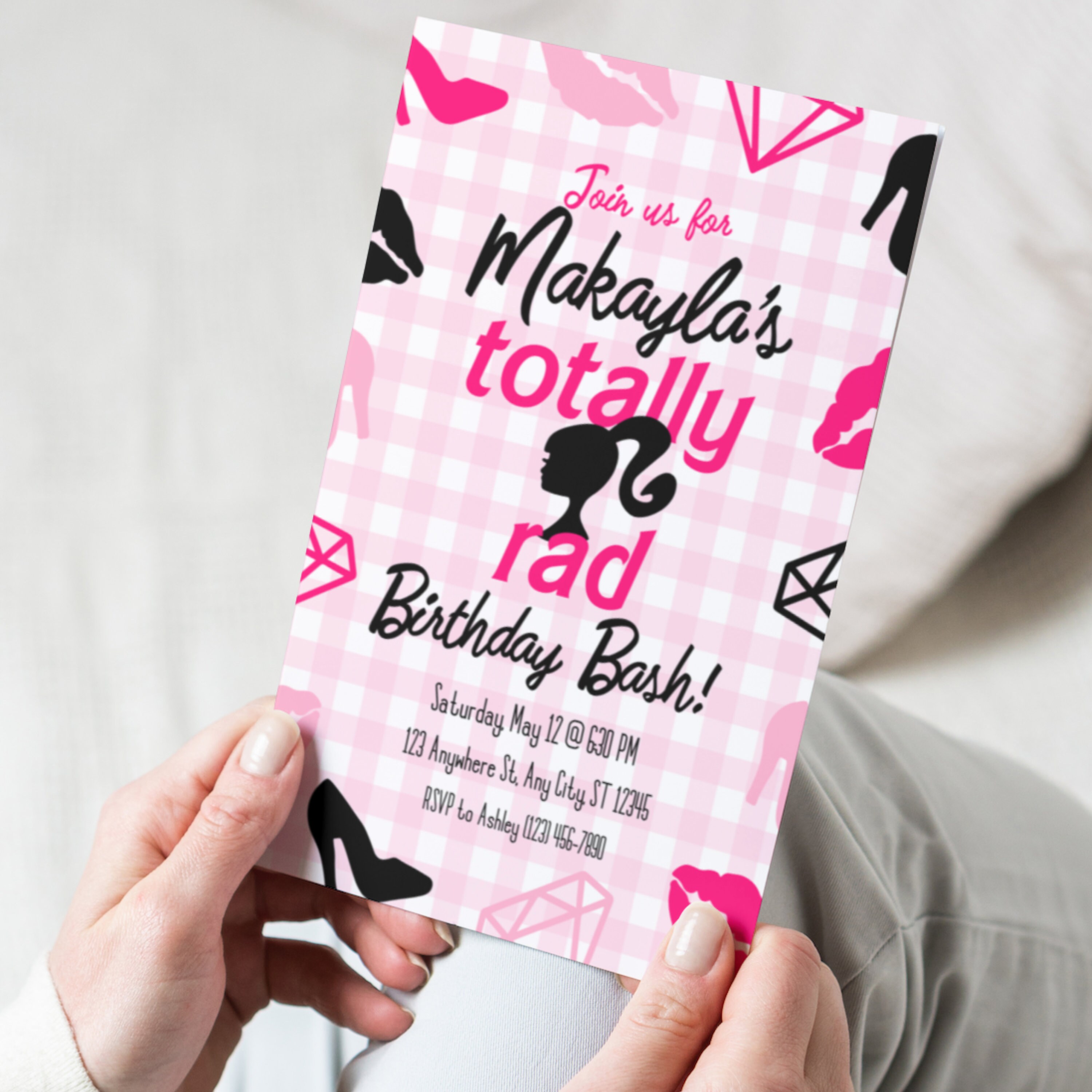 PINK PLAID Totally Rad Birthday Invitation, Girl Doll Bday Invite ...