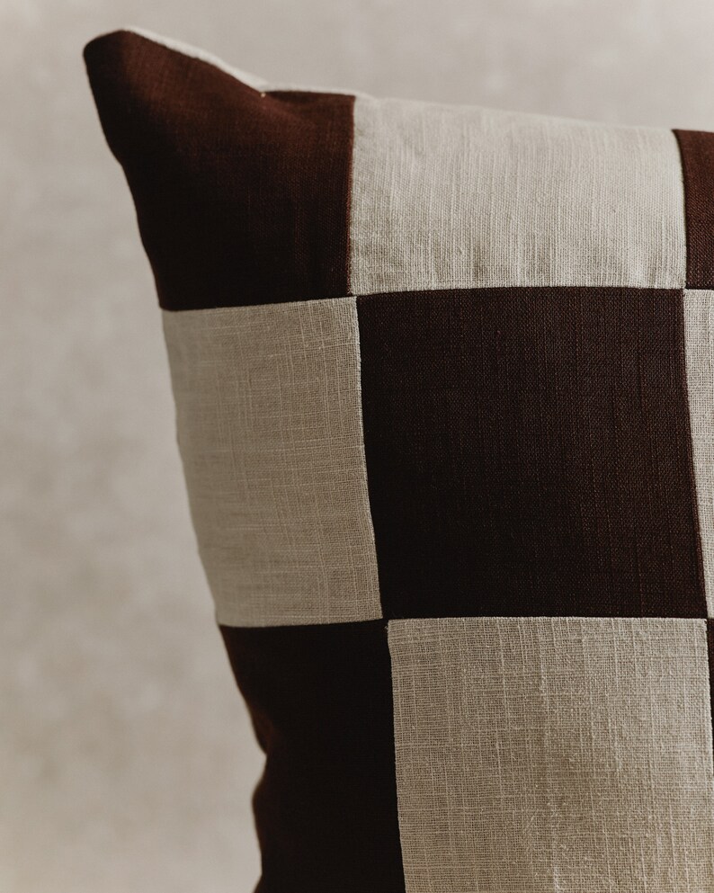 Square Chequered Linen Cushion Cover in Espresso Brown and Ecru - Etsy