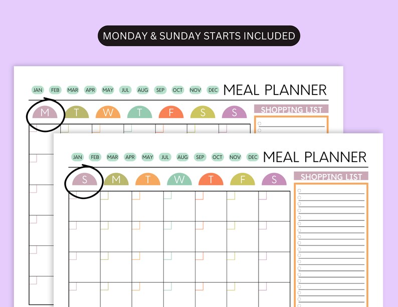Printable Meal Planner and Grocery List, Colorful Weekly and Monthly ...