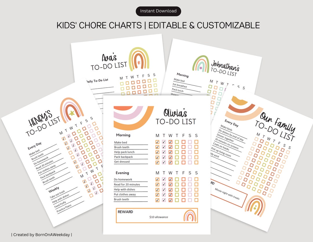 Boho Rainbow Kids Chore Chart: Editable Weekly Planner (printable) - Etsy