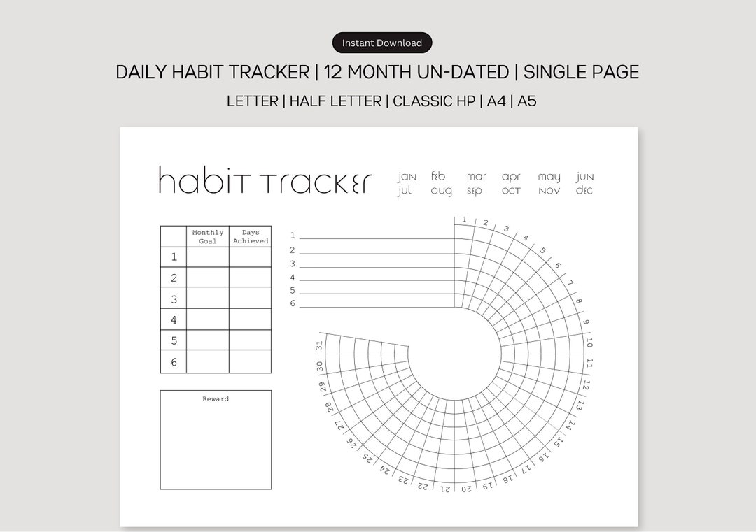 Undated Circle Daily Habit Tracker PDF, Single Page Monthly, Goal ...