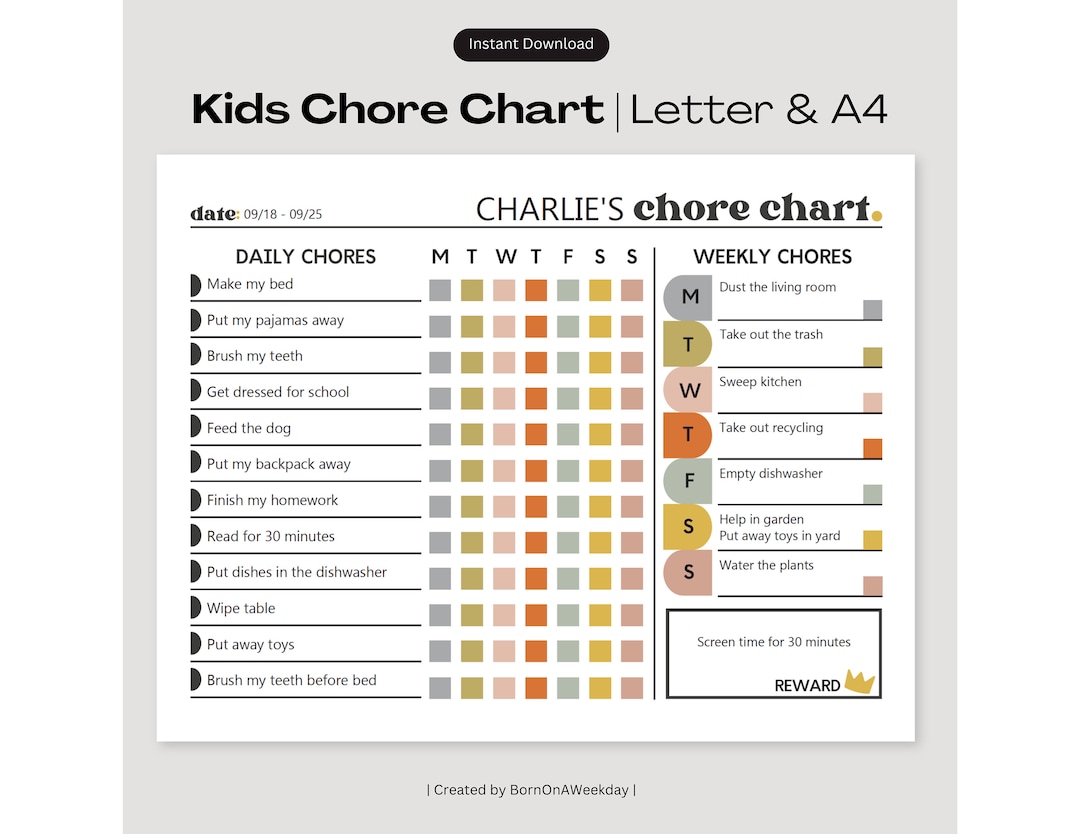 Editable Kids Chore Chart, Childs Daily Weekly Responsibility Chart ...
