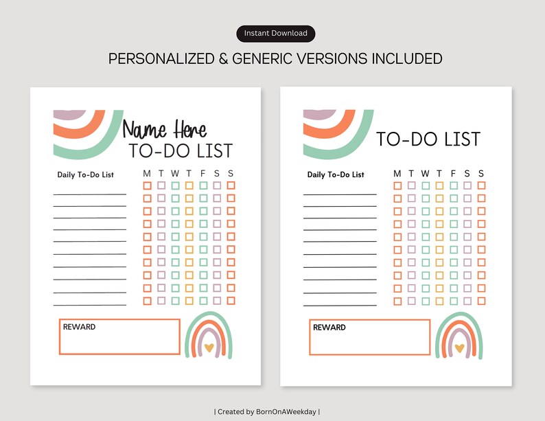 Boho Rainbow Kids Chore Chart: Editable Weekly Planner (printable) - Etsy