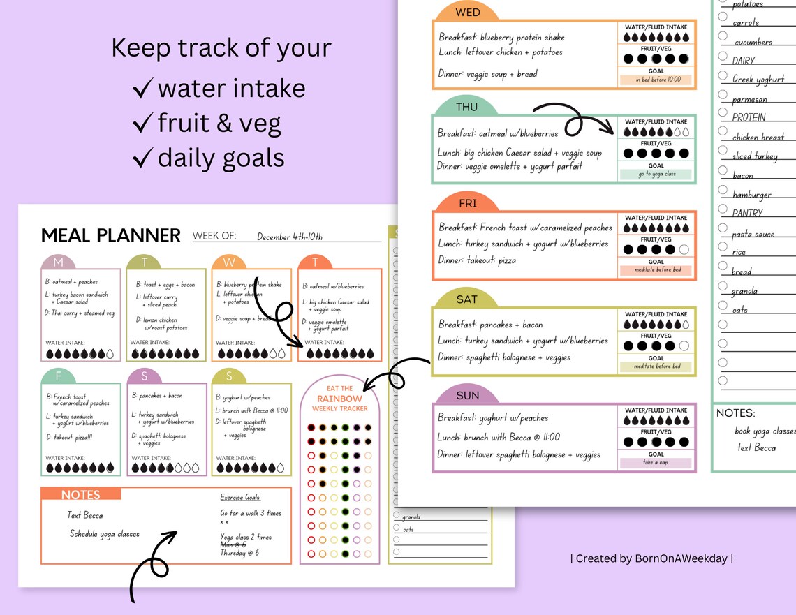 Printable Meal Planner and Grocery List, Colorful Weekly and Monthly ...