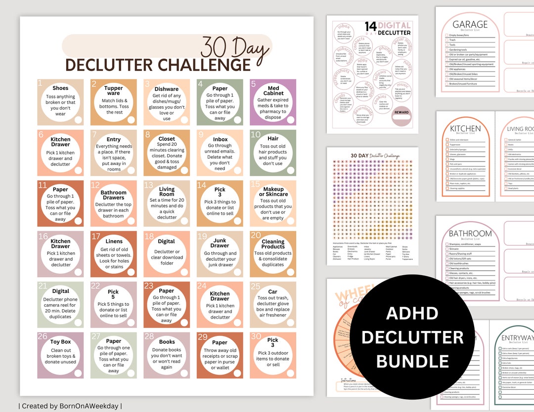ADHD Decluttering Bundle: 30-day Challenge, Room Checklists (digital ...