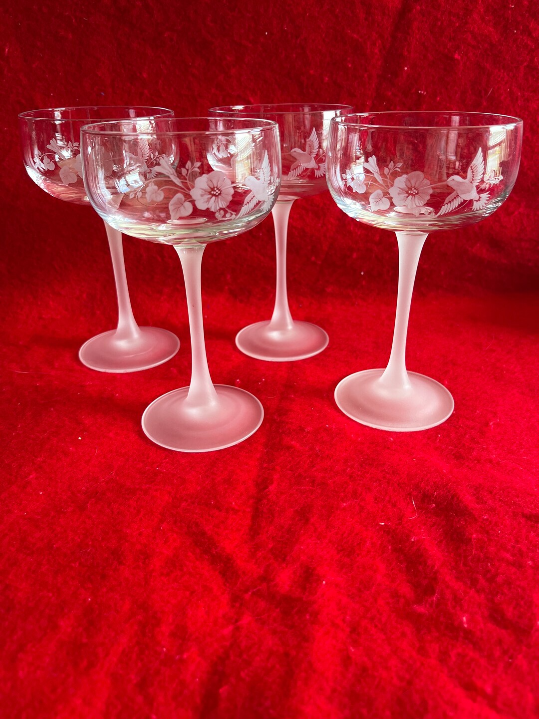 Avon Vintage Etched Crystal Hummingbird Champagne Glasses Set of Four ...