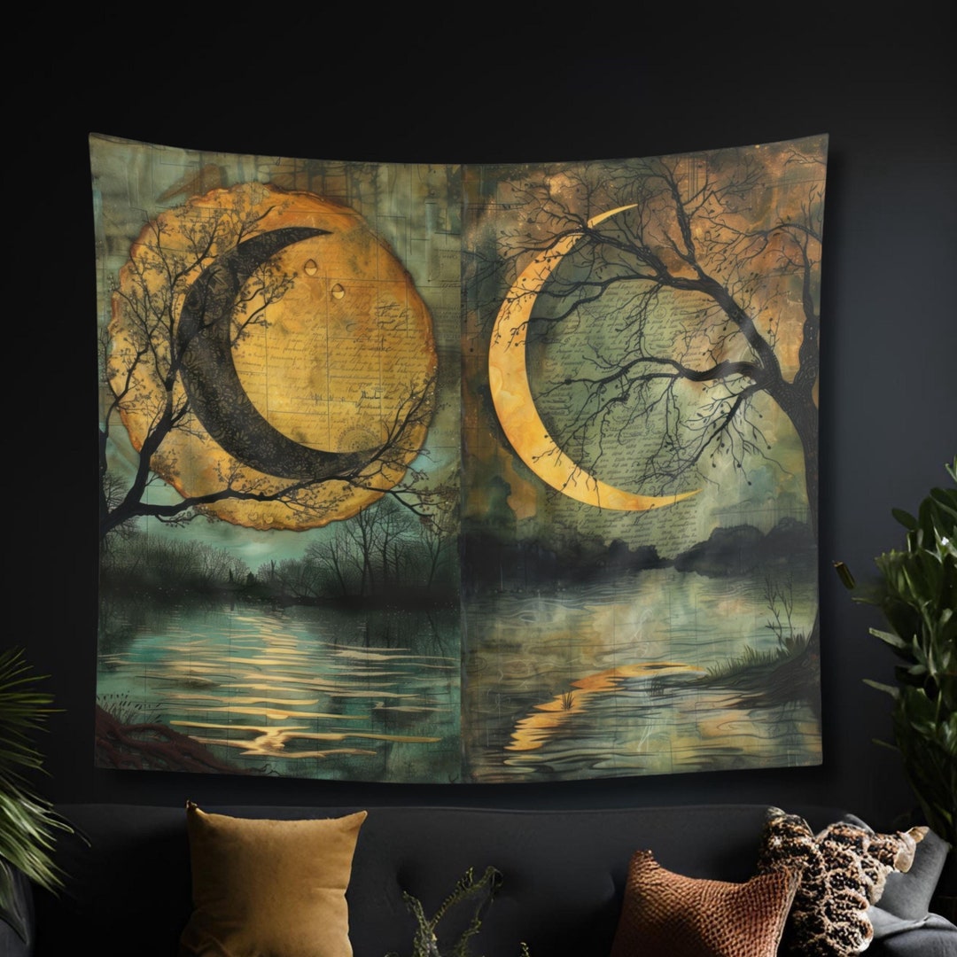 Wall Tapestry | Dual Moon Over Water Wall Hanging | Dark Academia Wall ...