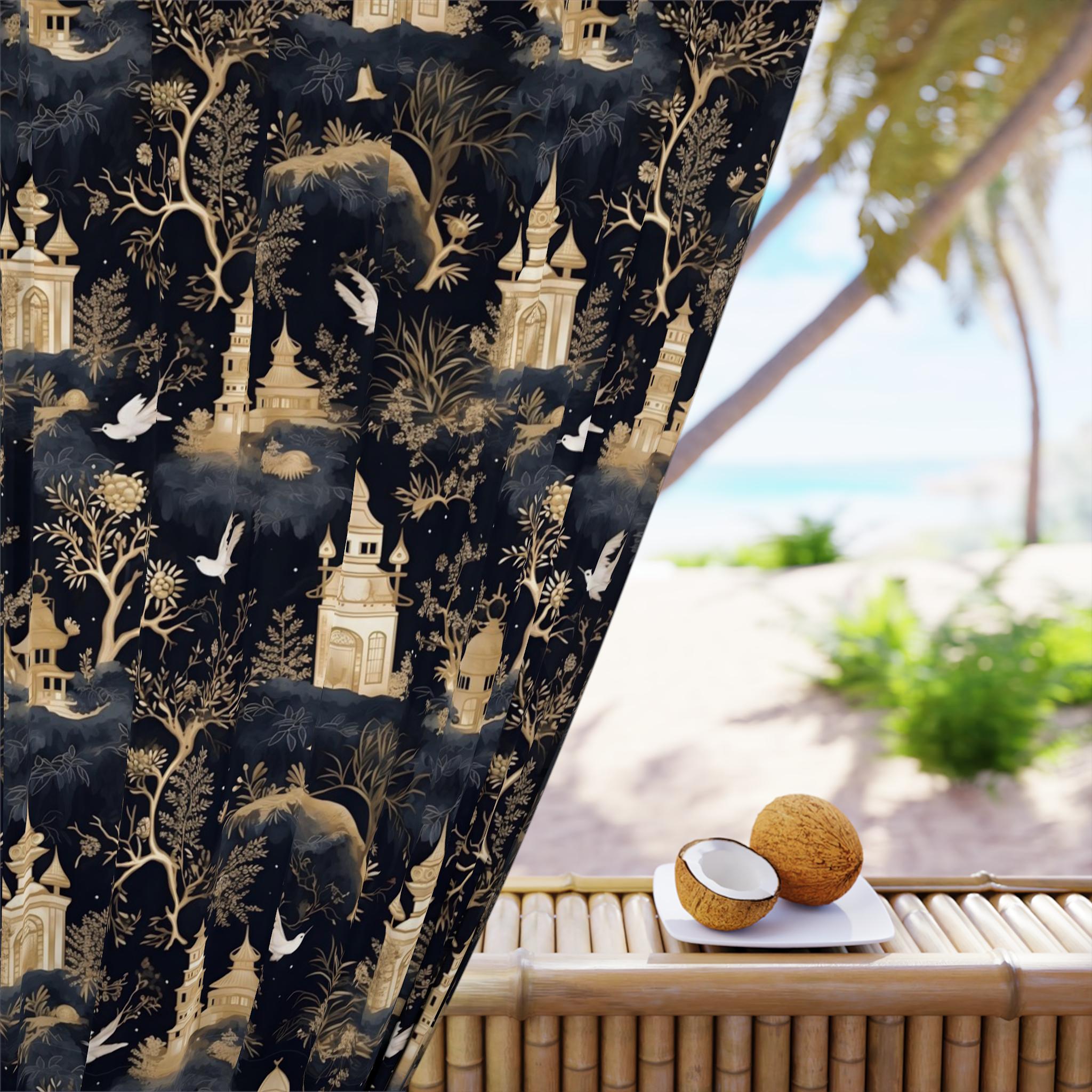 Dark Chinoiserie Window Curtain | Blackout Curtains | Dark Grey and ...