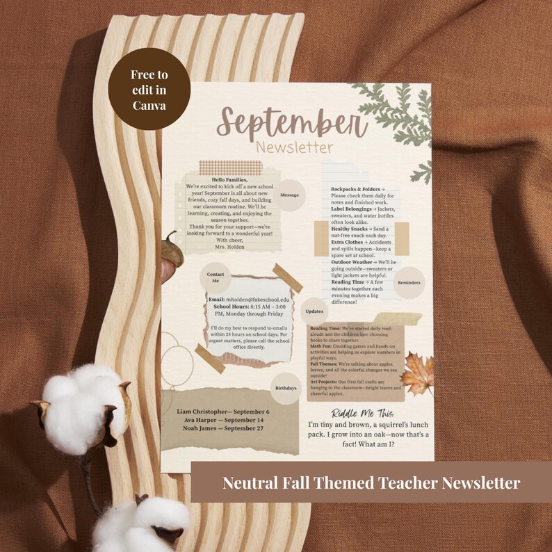 Editable September Teacher Newsletter Template: Minimal Fall Design - Etsy