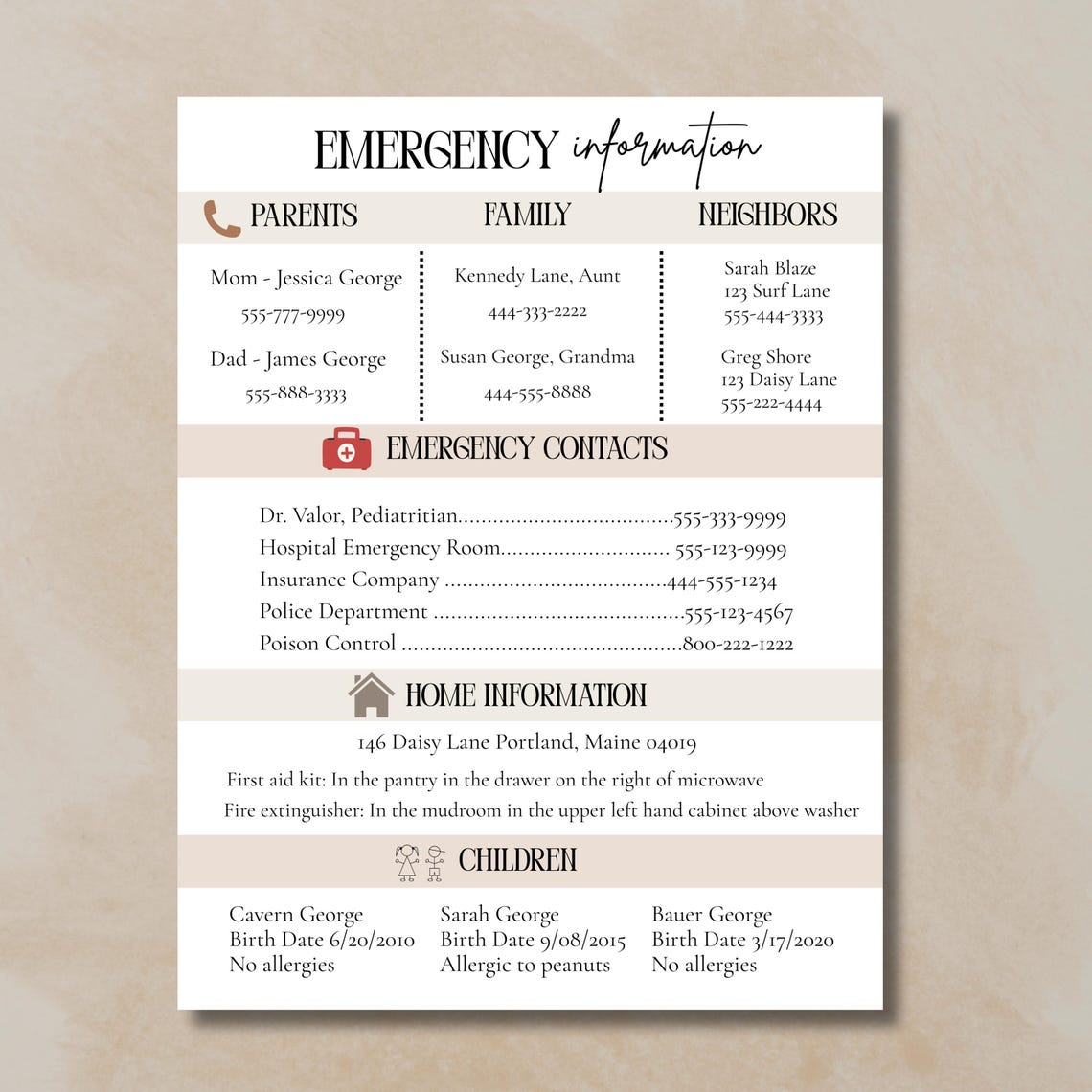 Emergency Information Sheet, Babysitting Printable Emergency Contact ...