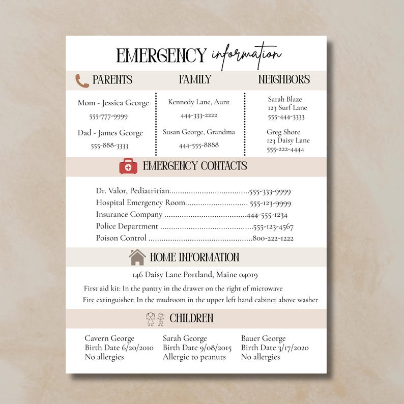 Emergency Information Sheet, Babysitting Printable Emergency Contact ...