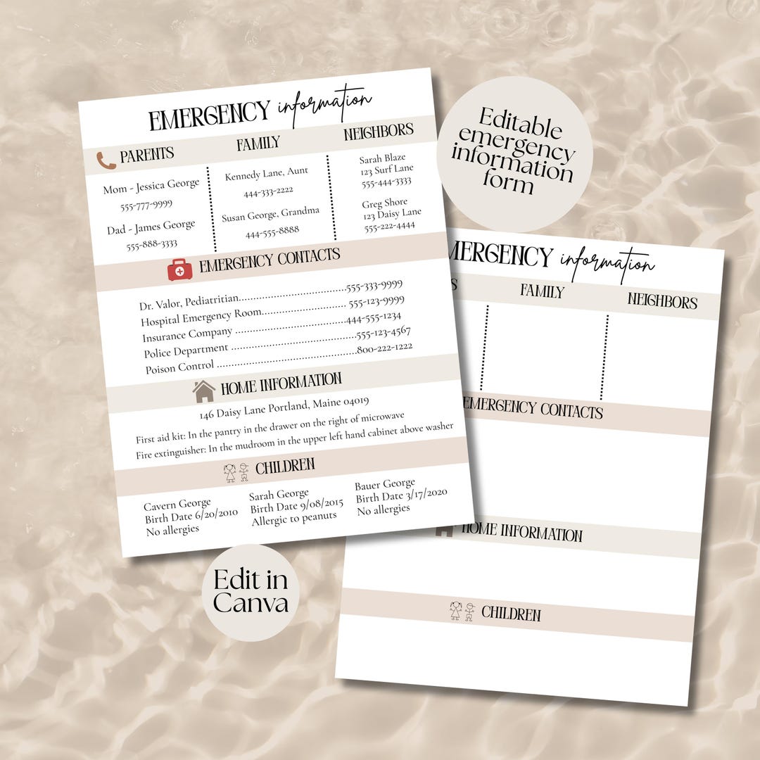 Emergency Information Sheet, Babysitting Printable Emergency Contact ...