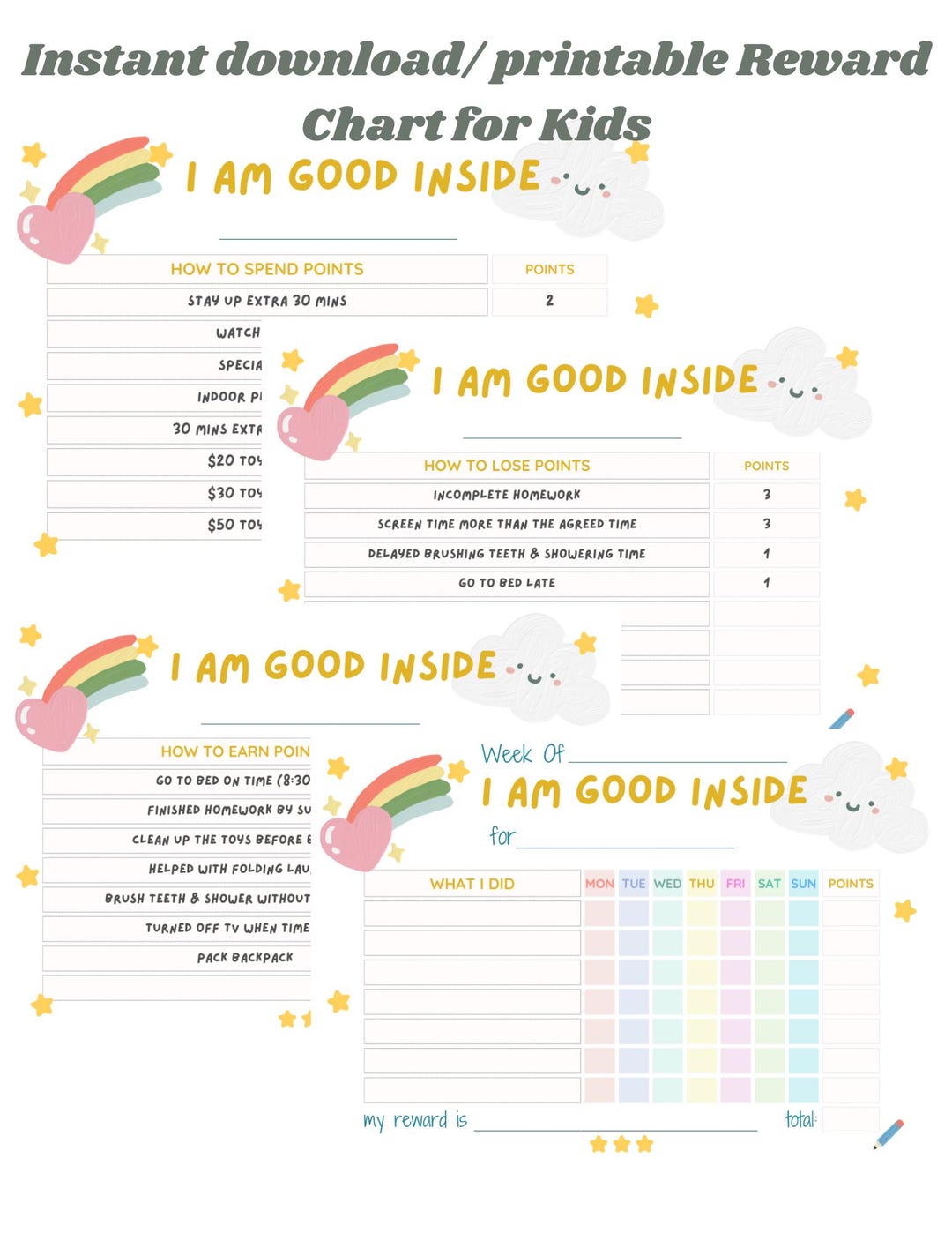 Printable Reward Chart for Kids Points System - Etsy