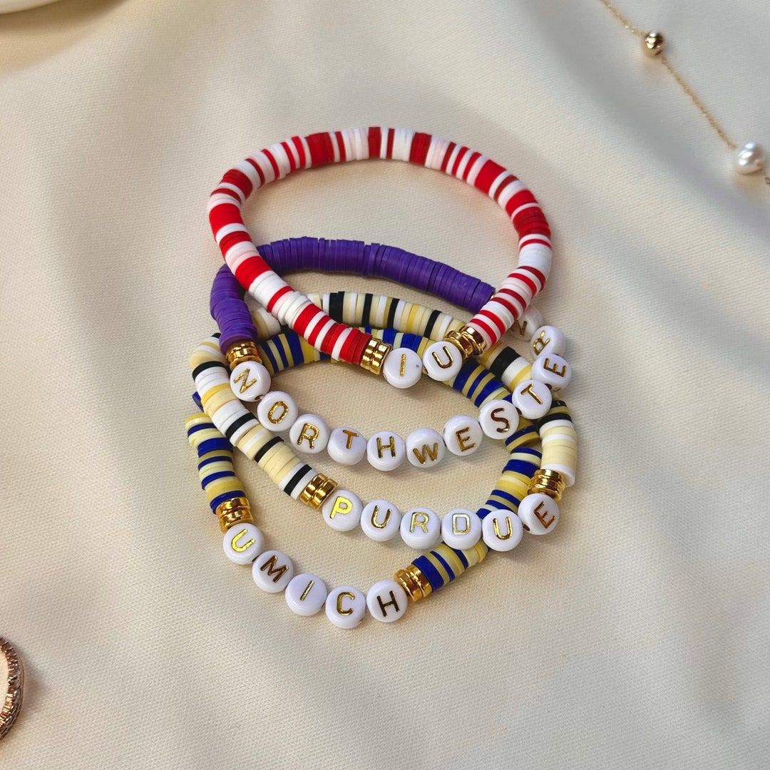CUSTOM College Bracelet | Elastic Heishi Bead Bracelet | Trendy Clay ...