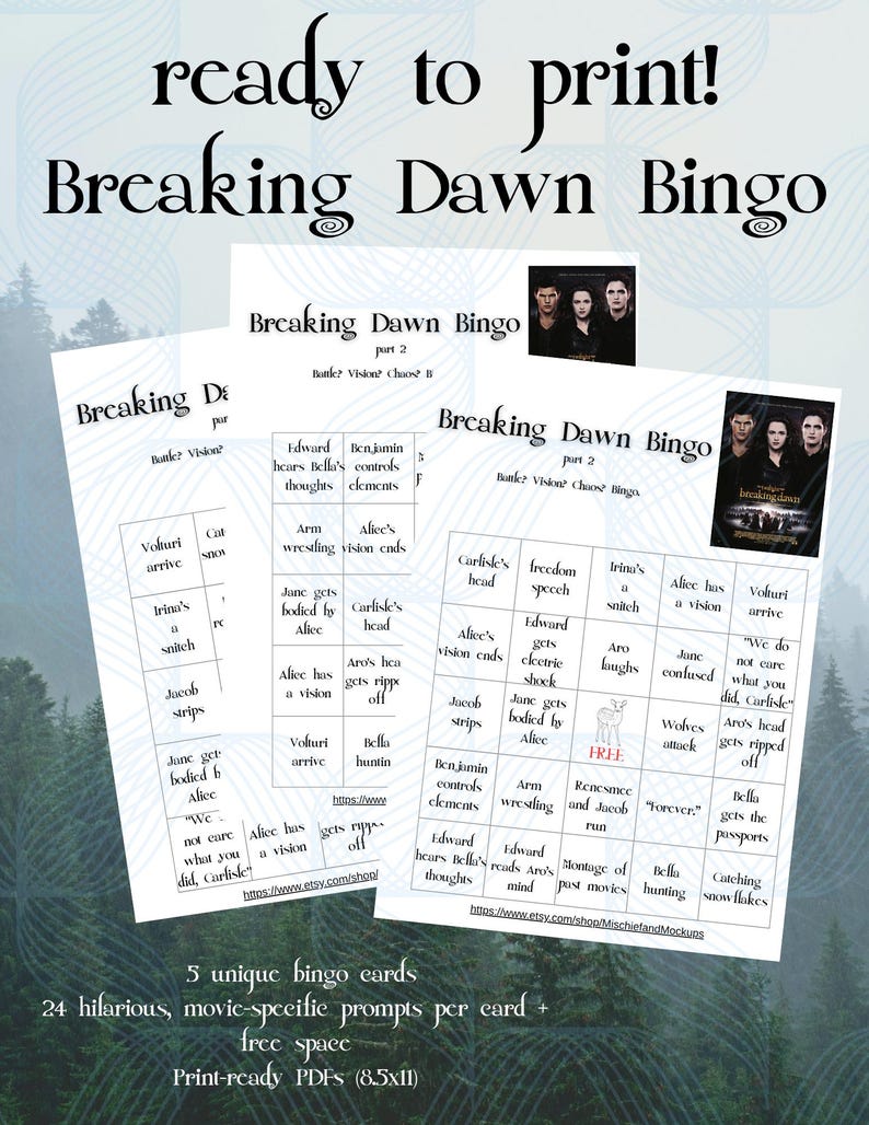 Twilight Saga Movie Bingo Printable Game Fun Party Game, Team Edward Vs ...