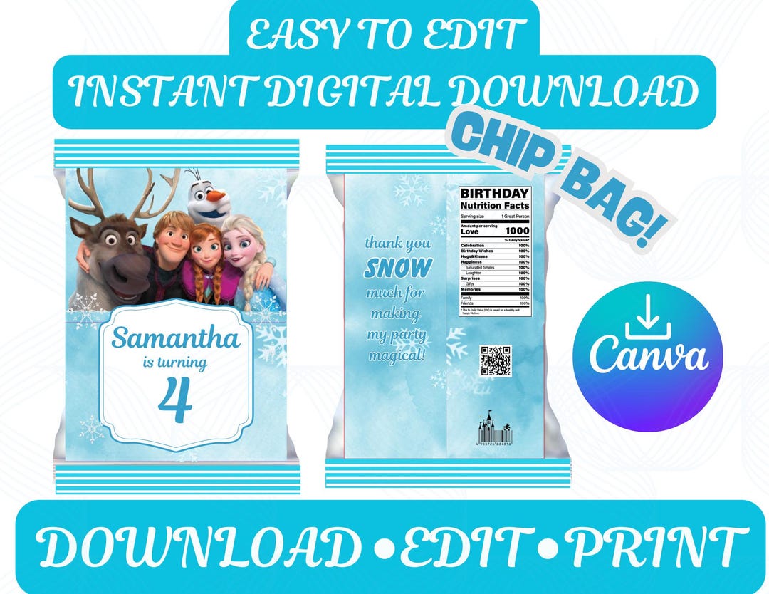 Frozen Inspired Editable Chip Bag Custom Birthday Supplies Disney Chip ...