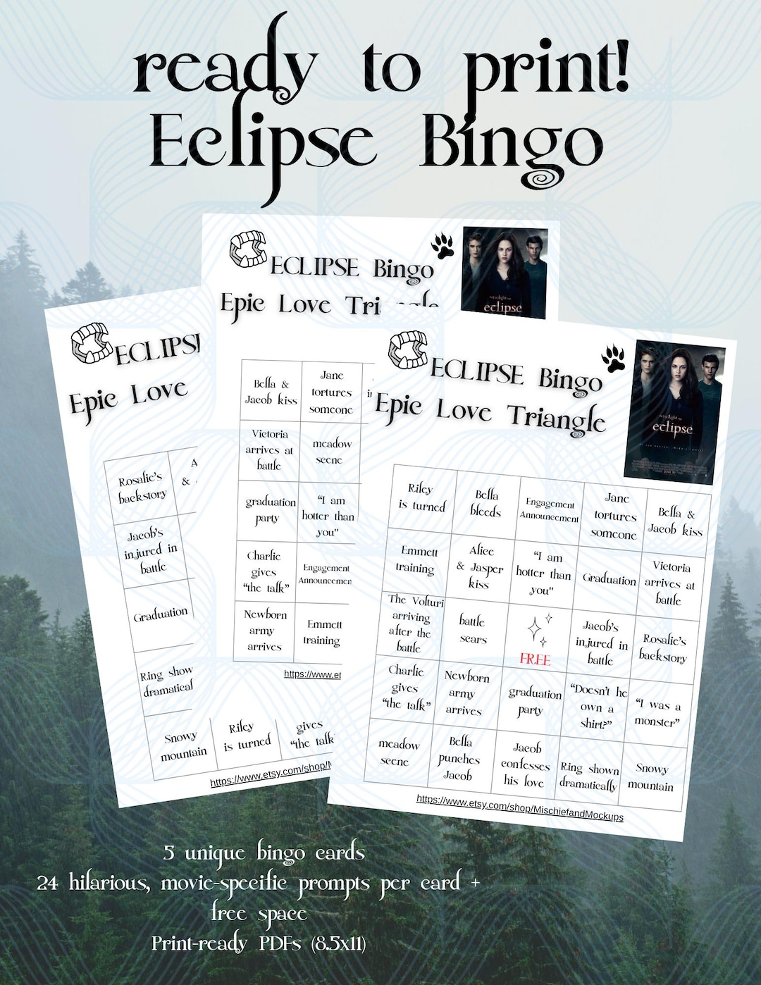 Twilight Saga Movie Bingo Eclipse Printable Game Fun Party Game, Team ...