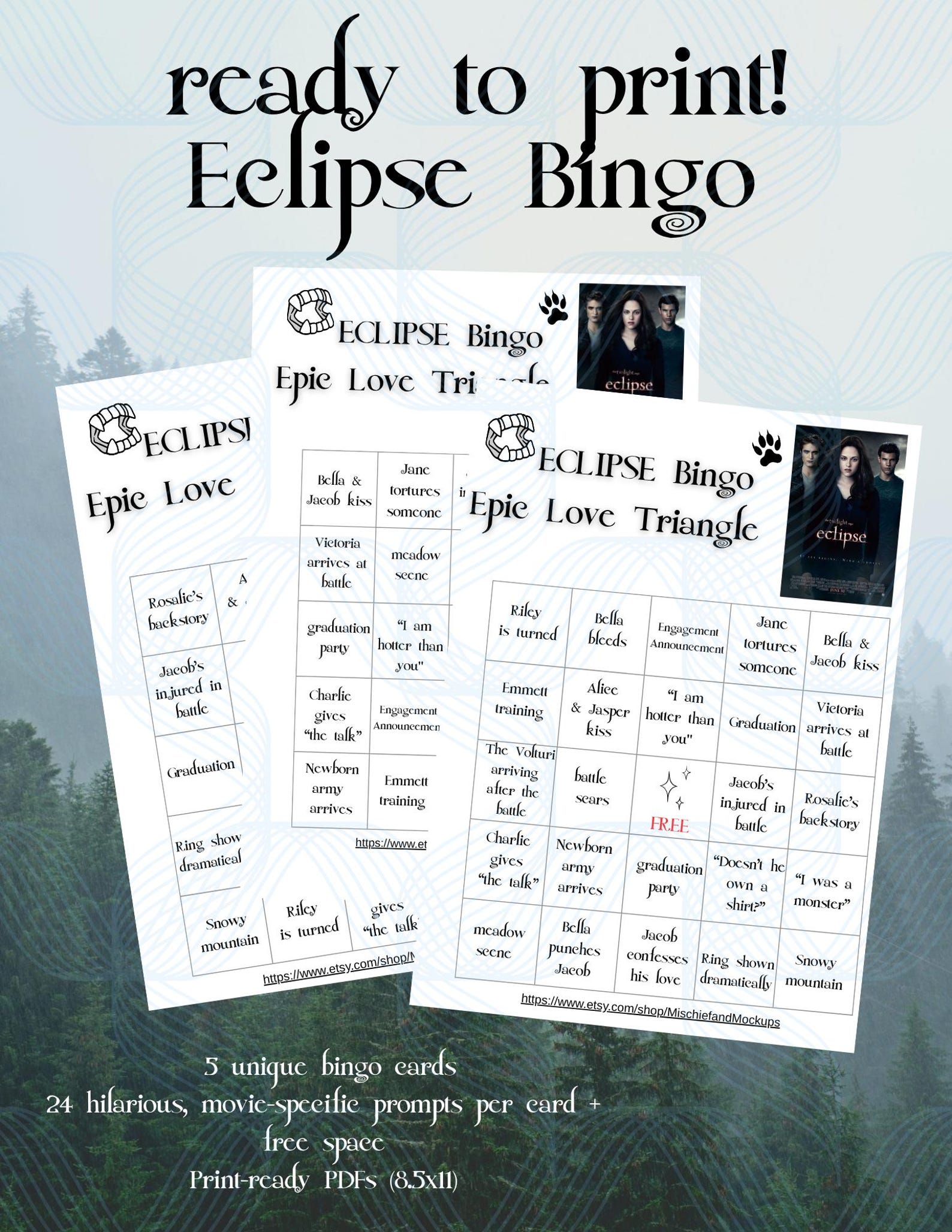 Twilight Saga Movie Bingo Eclipse Printable Game Fun Party Game, Team ...